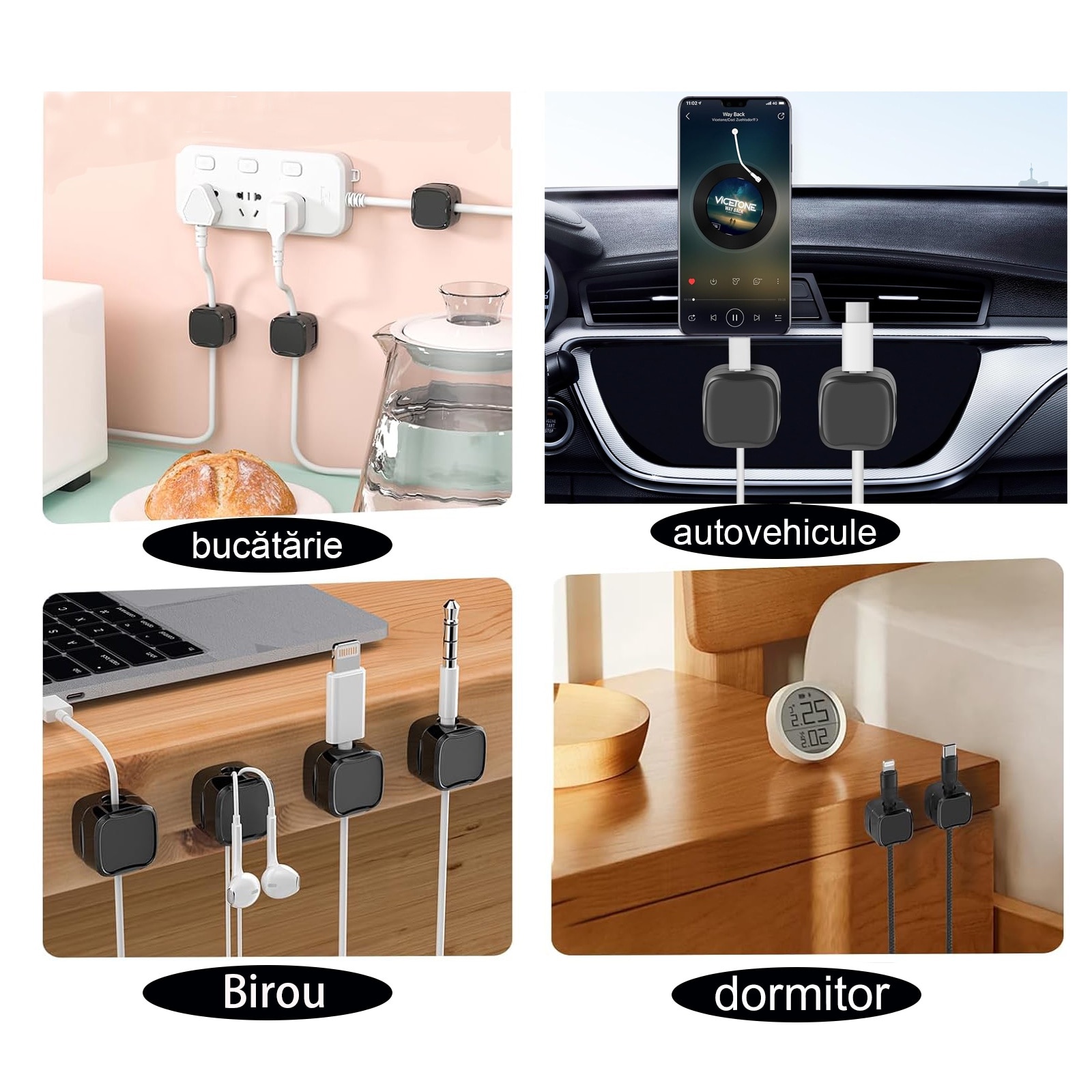 Set organizator magnetic pentru cabluri, adeziv, pentru birou/masina, 6 ...