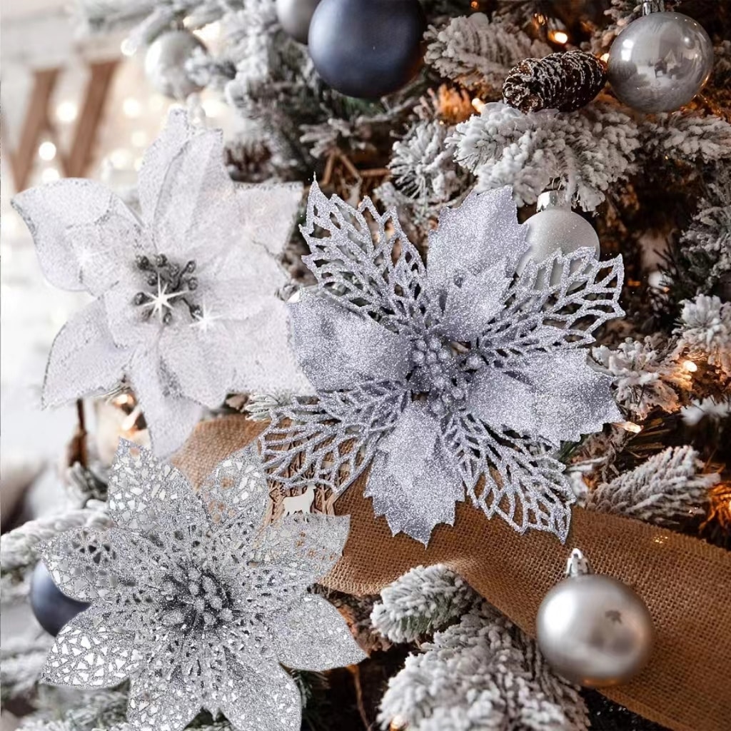 Set 24 flori artificiale de Craciun, Cu tije de fructe de padure ...