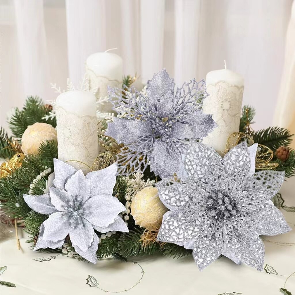 Set 24 flori artificiale de Craciun, Cu tije de fructe de padure ...