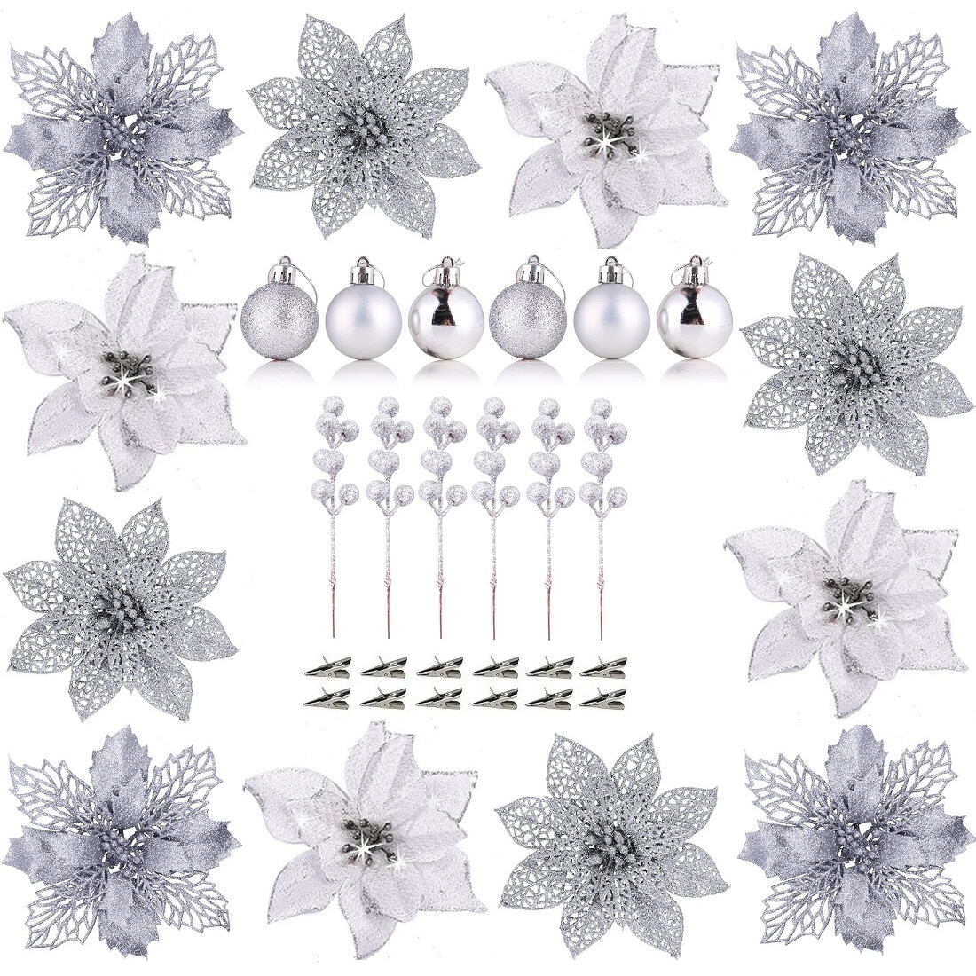 Set 24 flori artificiale de Craciun, Cu tije de fructe de padure ...