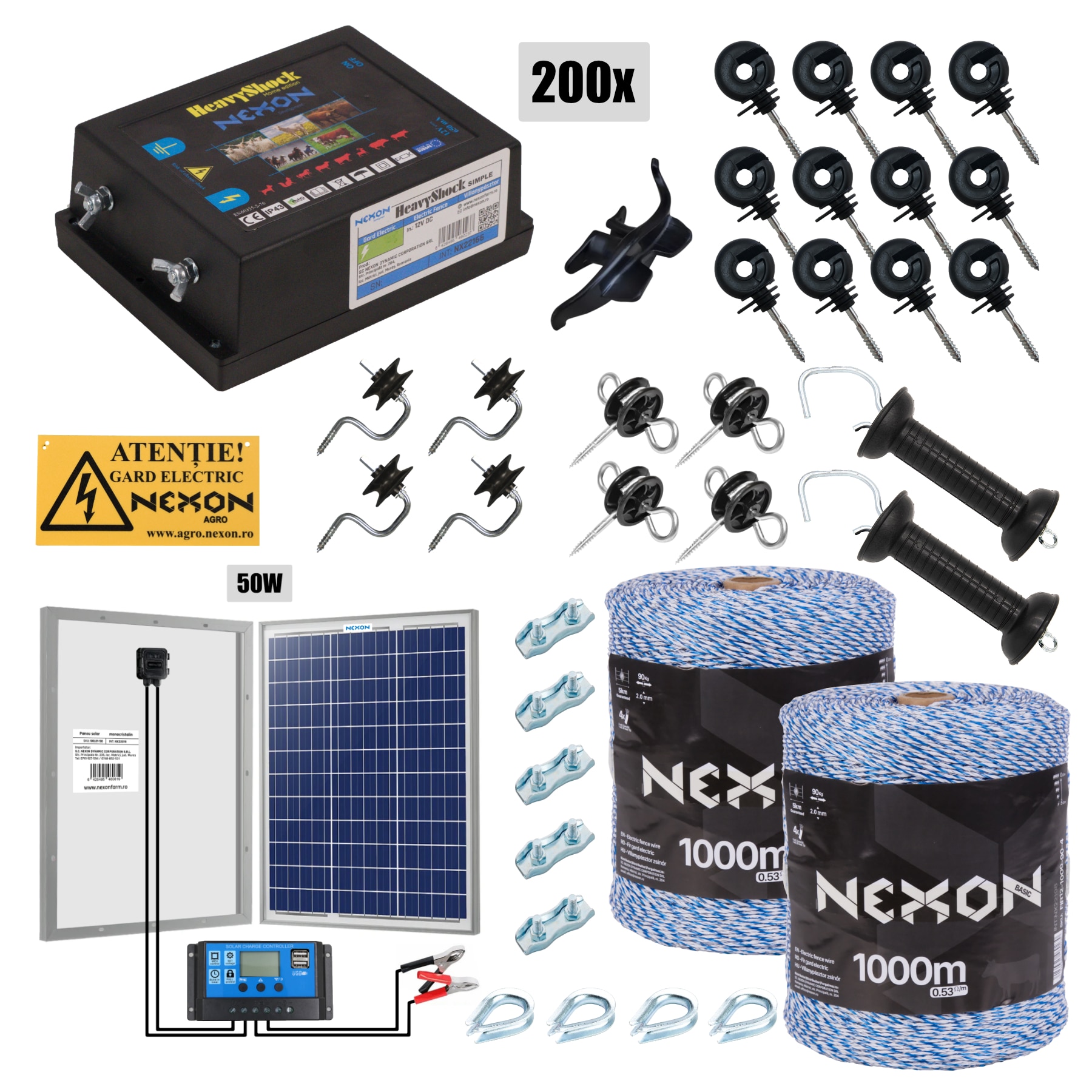 Pachet PREMIUM gard electric NEXON 6.6J cu Panou Solar si Fir de 2000m ...