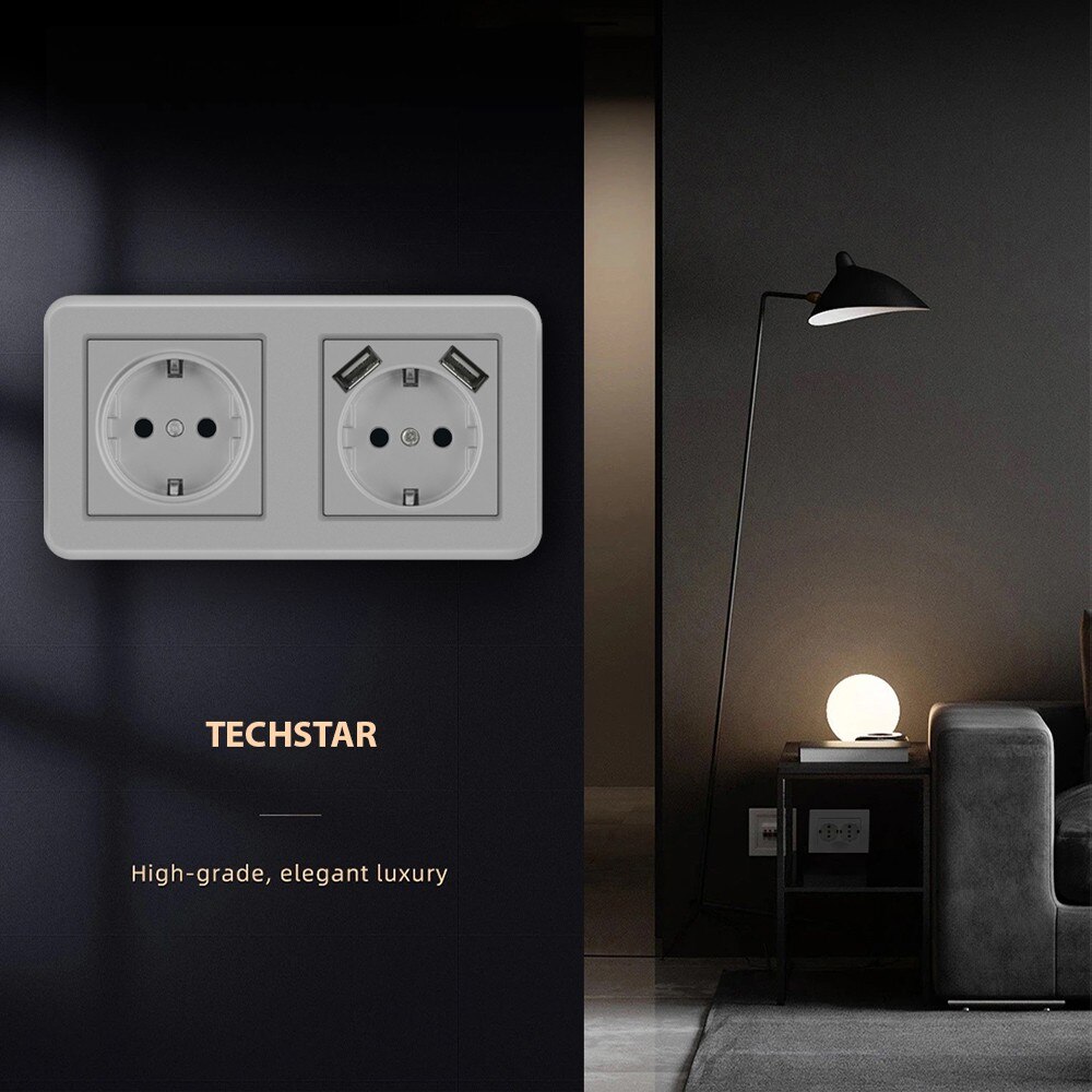 Priza Dubla De Perete cu 2 Porturi USB Techstar® TS-PC, 110-250V, 16A ...