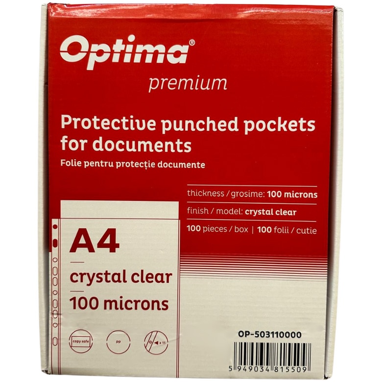 Folie protectie pentru documente A4, 100 microni, 100 folii/cutie, Optima Premium - cristal ...