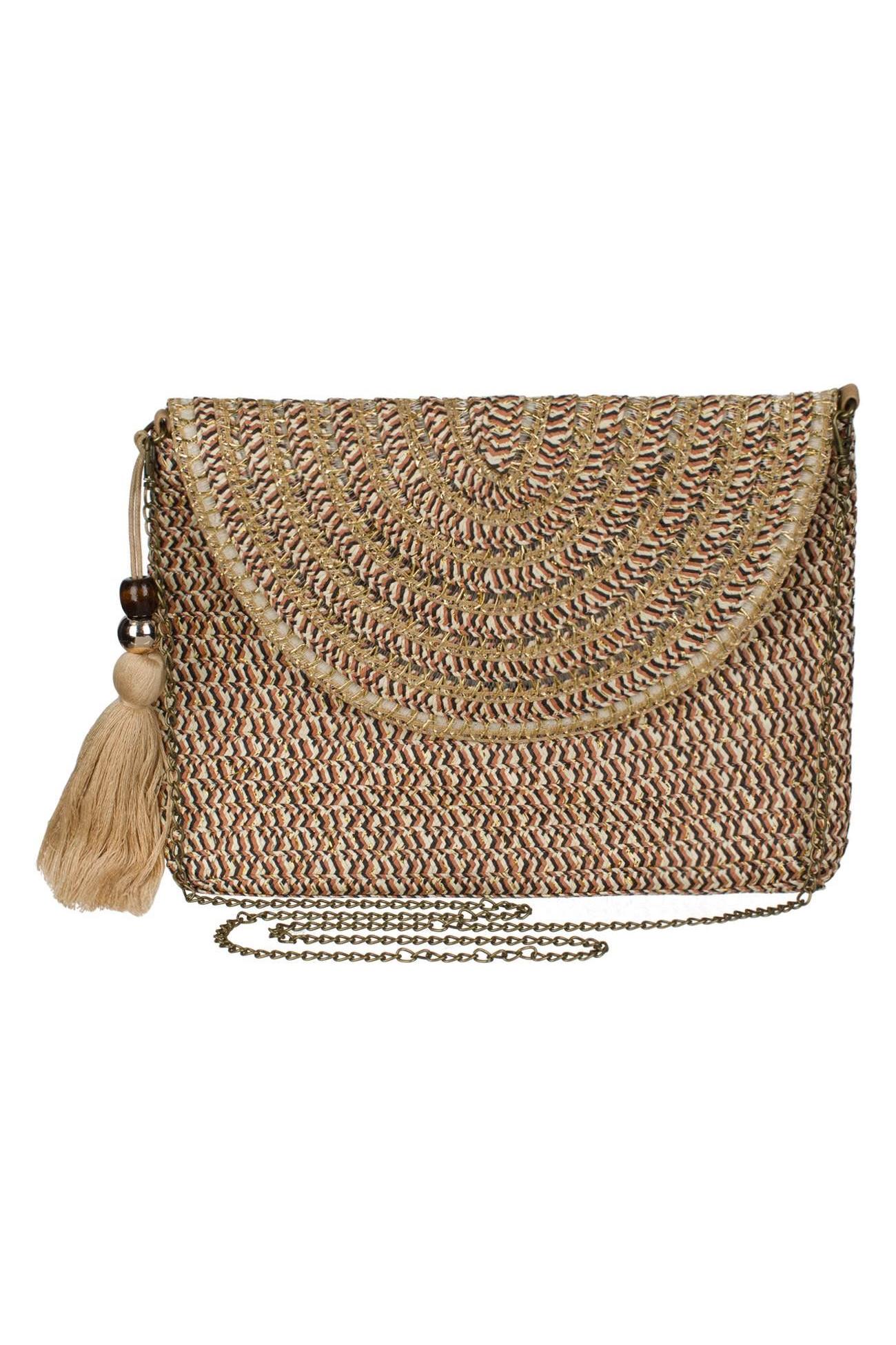 Geanta Crossbody, Bej crem, cu Lant si Franjuri Aurii, Poliester, 30x22 ...