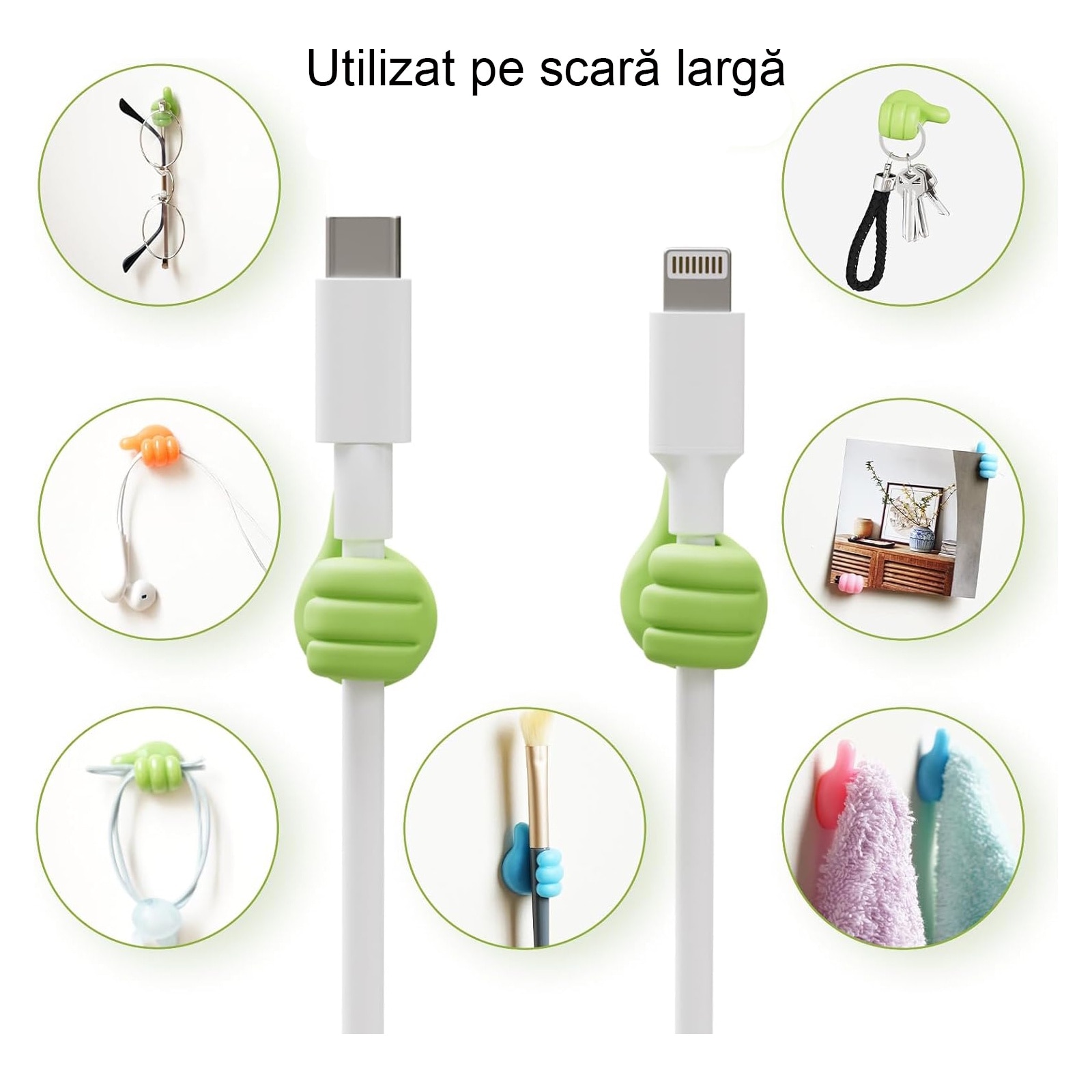 Set 10 organizatoare pentru cabluri, design deget, adeziv, pentru birou ...