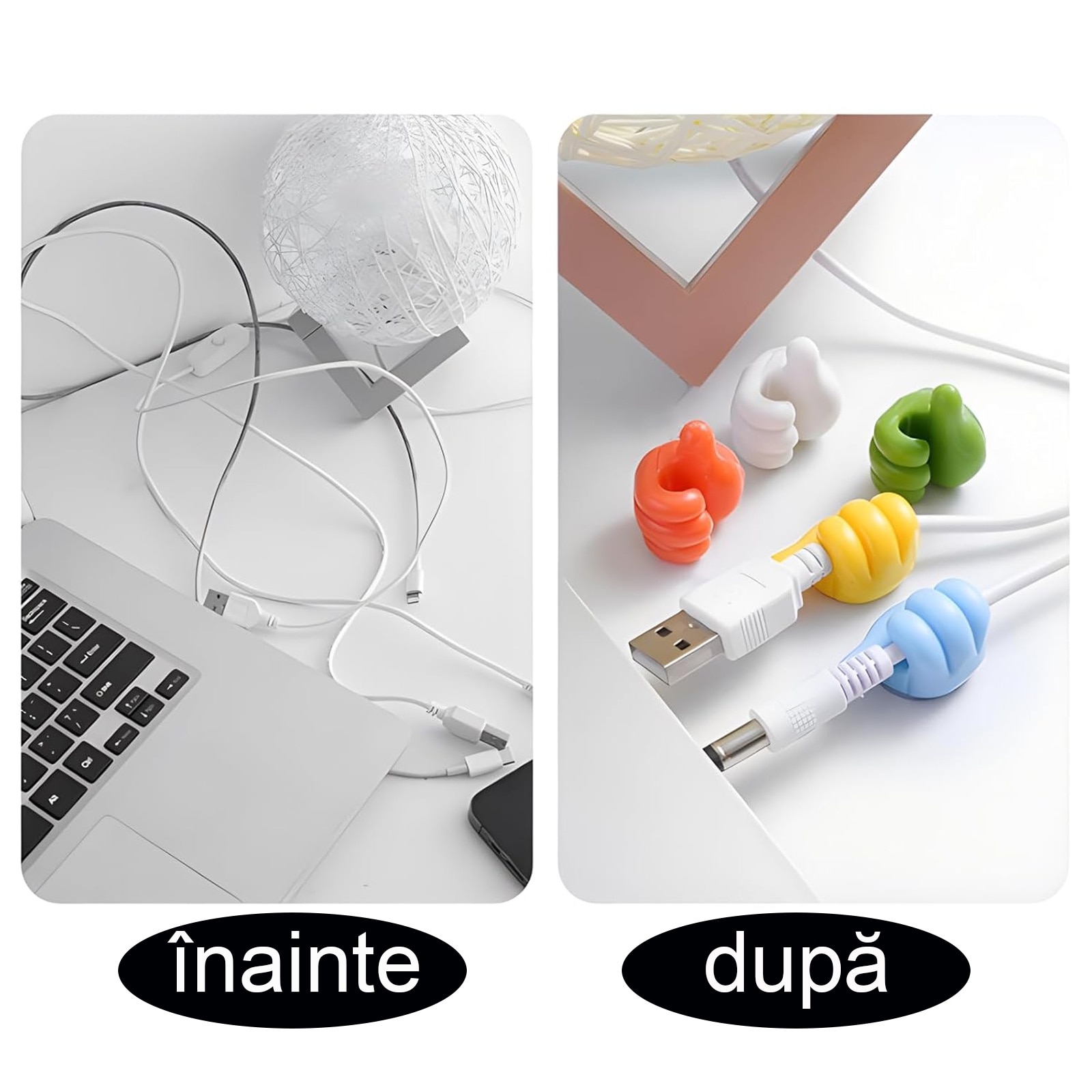 Set 10 organizatoare pentru cabluri, design deget, adeziv, pentru birou ...