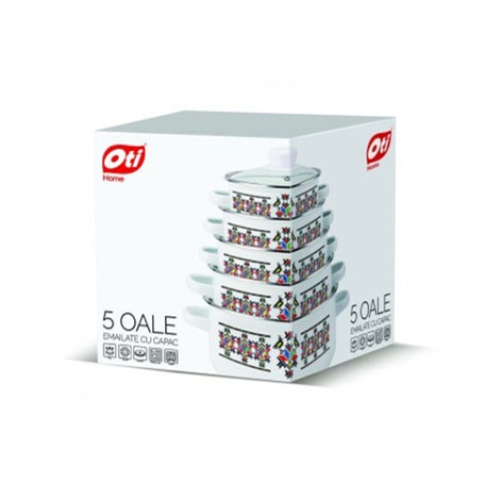 Set 5 oale emailate si capace din sticla OTI, diametre 16/18/20/22/24 ...