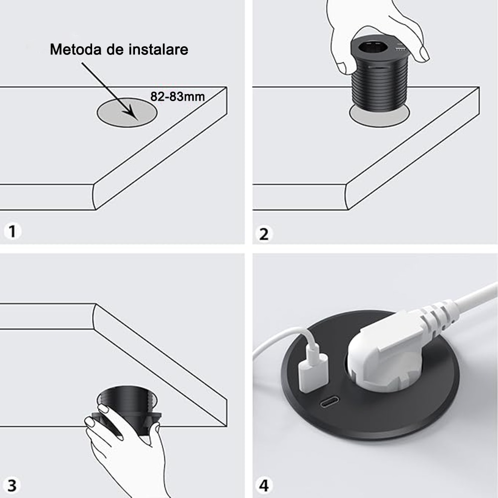 Priza Incorporabila In Blat, BYONDSELF®, USB-A/C, 1.9m, pentru Gauri de ...
