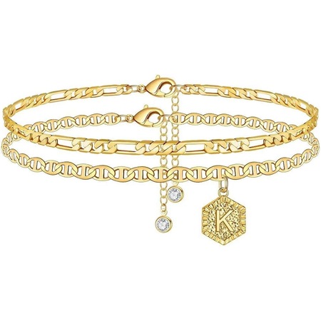 Set 2 bratari de glezna cu initiala K, QttvbTna, placate cu aur 14K ...