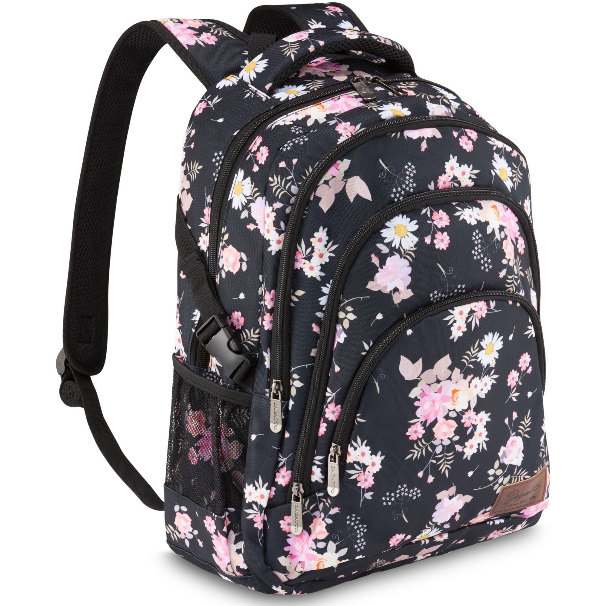 Rucsac scolar, Zagatto, Negru cu model floral, 45x35x20 cm, 7 buzunare ...