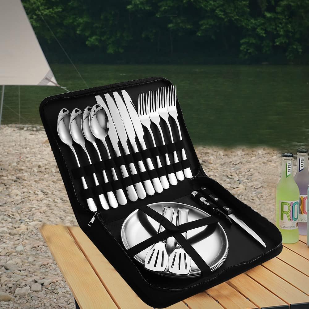 Set vesela camping, 20 piese, inox, argintiu, pentru 4 persoane, cu ...