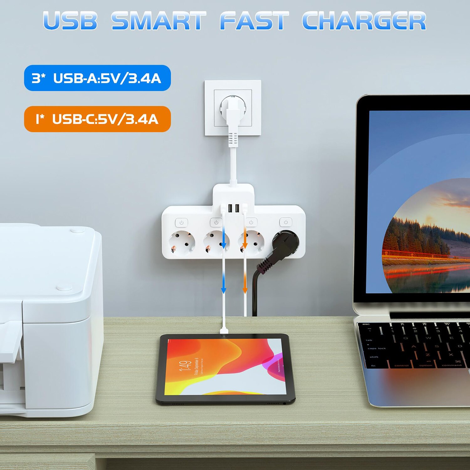 Priza multipla 8-in-1, 4 prize Schuko, 3x USB A, 1x USB C, protectie ...