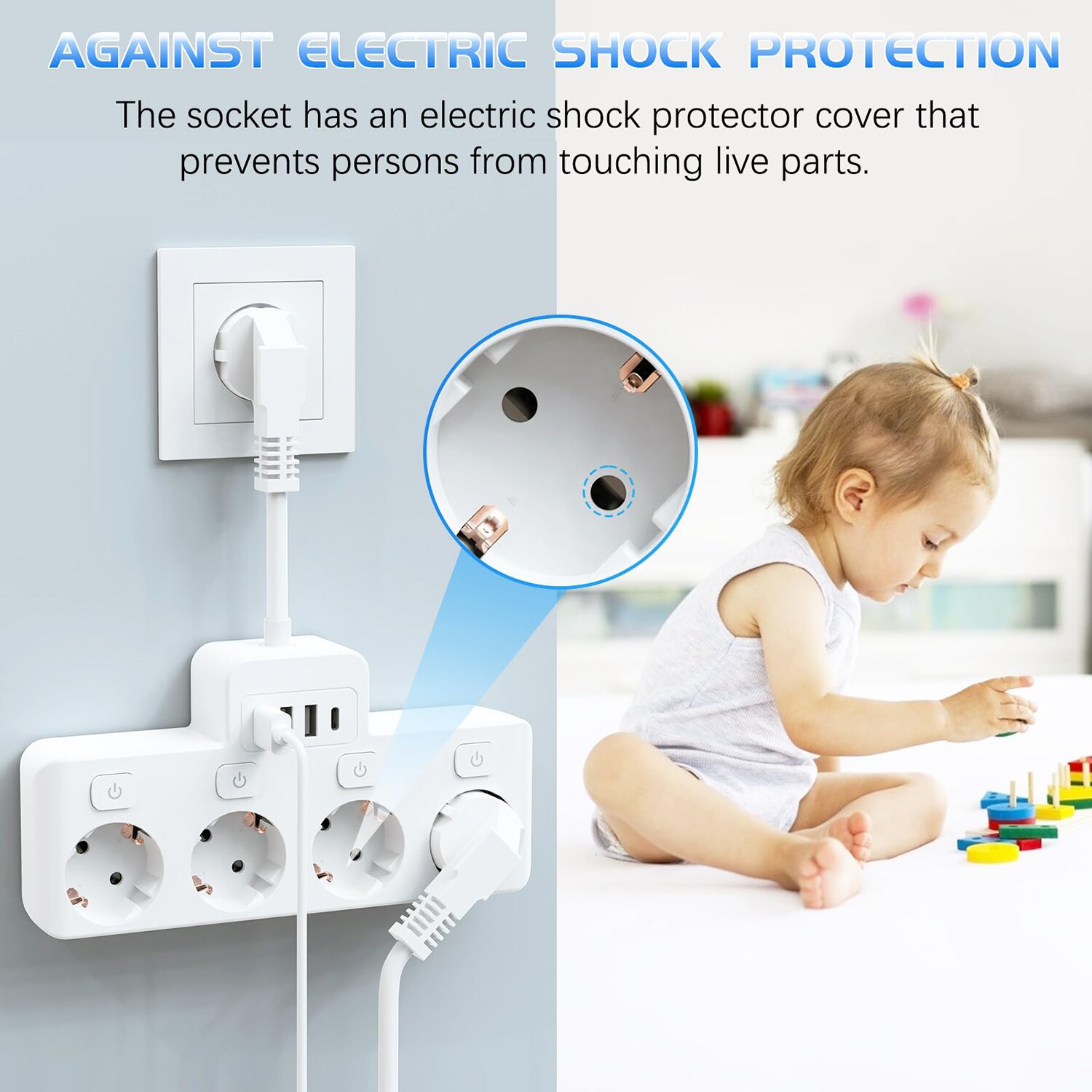 Priza multipla 8-in-1, 4 prize Schuko, 3x USB A, 1x USB C, protectie ...