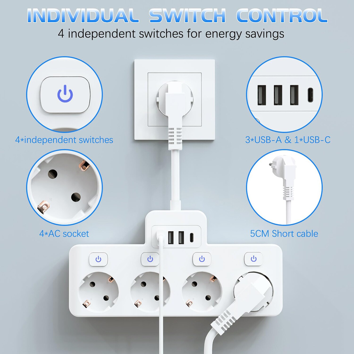 Priza multipla 8-in-1, 4 prize Schuko, 3x USB A, 1x USB C, protectie ...