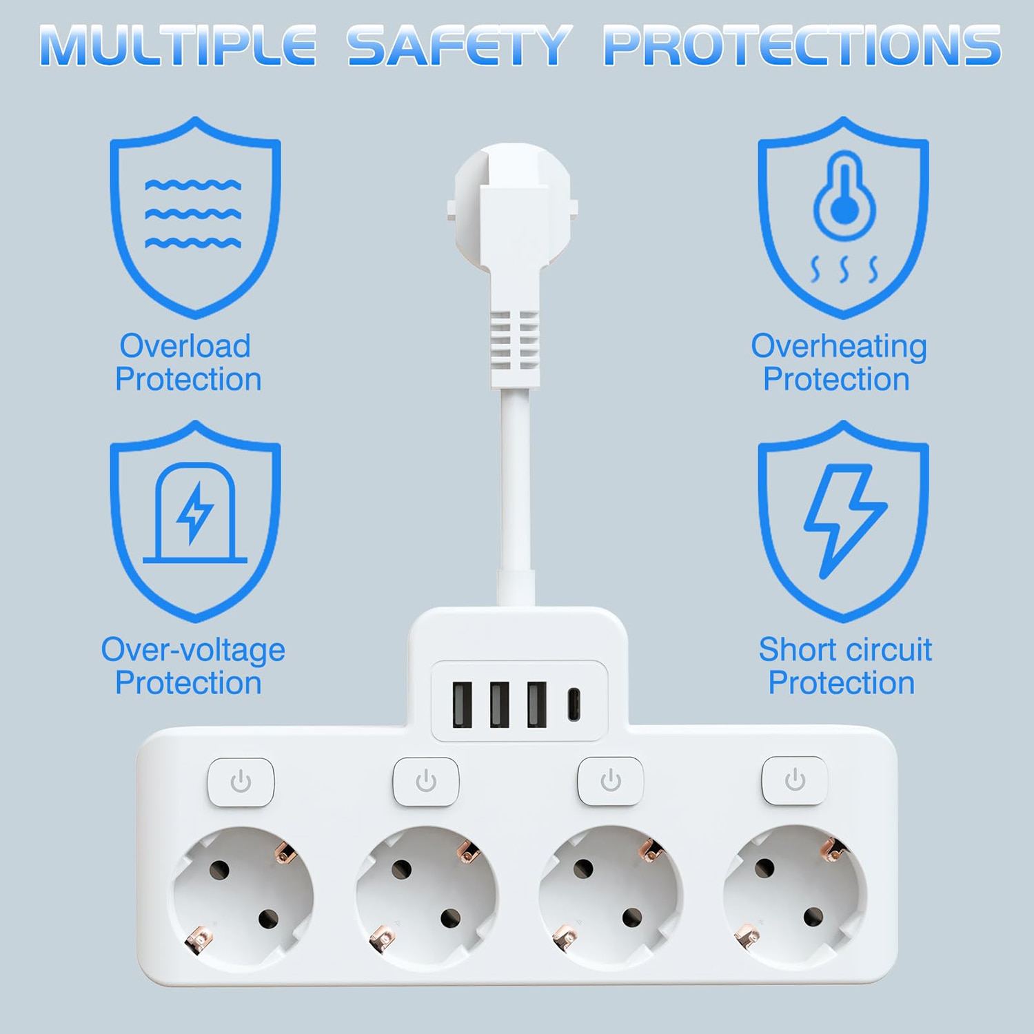 Priza multipla 8-in-1, 4 prize Schuko, 3x USB A, 1x USB C, protectie ...
