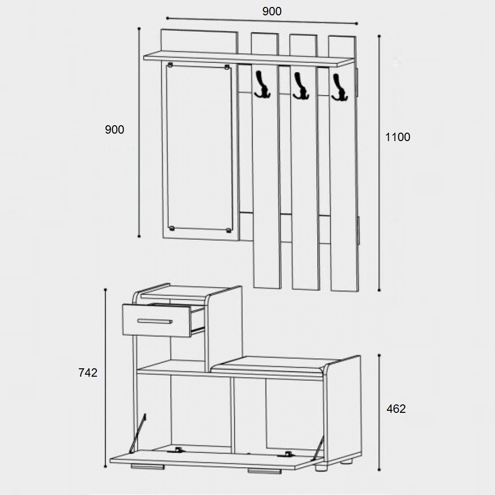 Cuier hol Tandem L, 90x38x200 cm, panou cu oglinda si cuier, pantofar ...