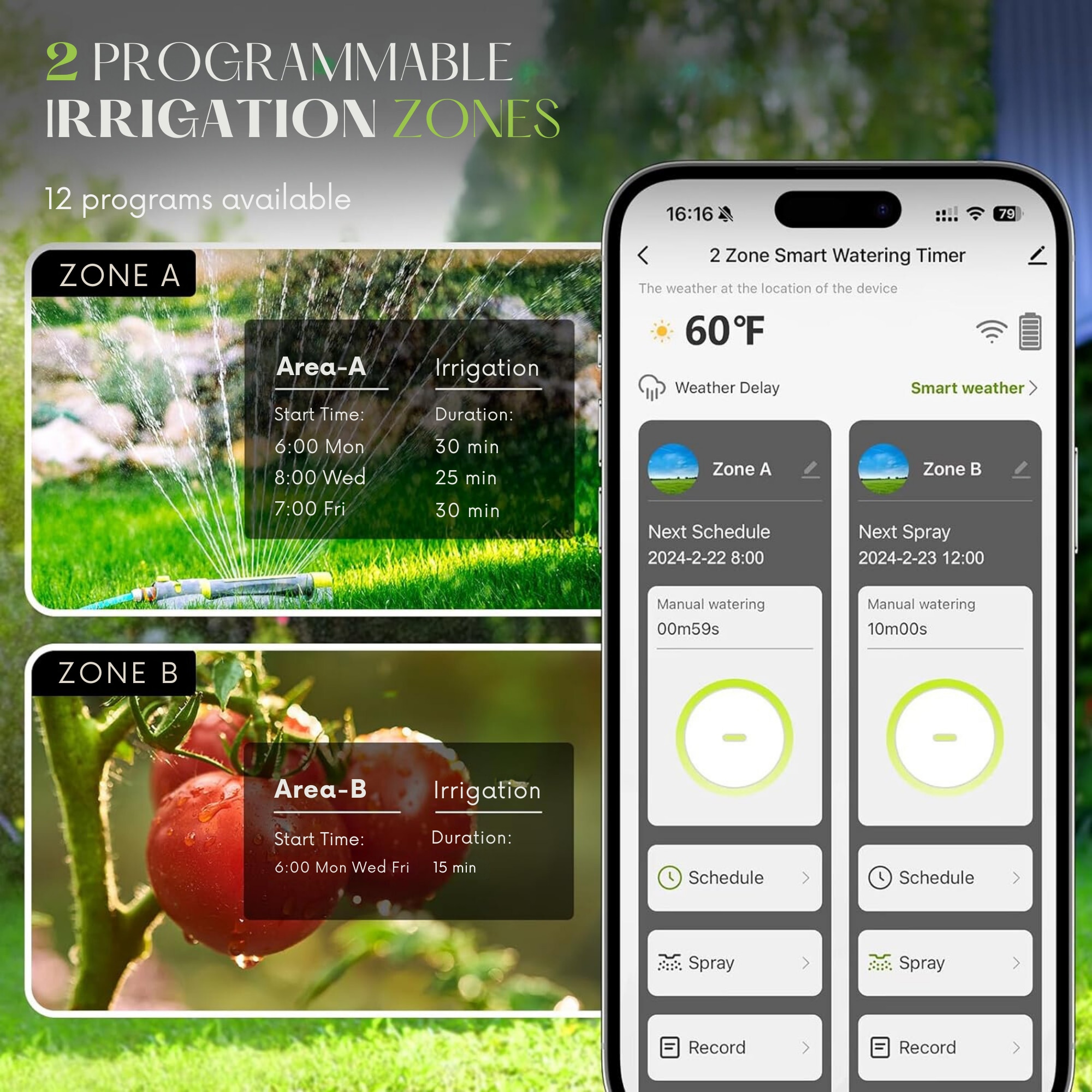 Programator irigare/udare Bluetooth/WiFi, Hub inclus, control prin Aplicatie Tuya, 2 zone, 9 ...