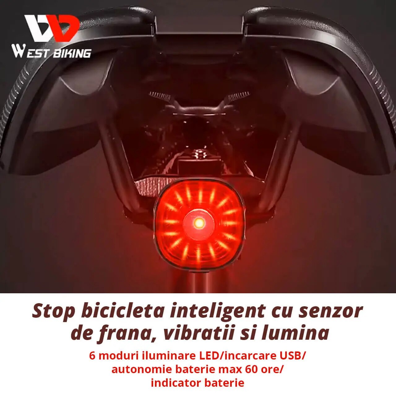 Stop bicicleta inteligent cu senzor de frana, vibratii si lumina, 6 ...