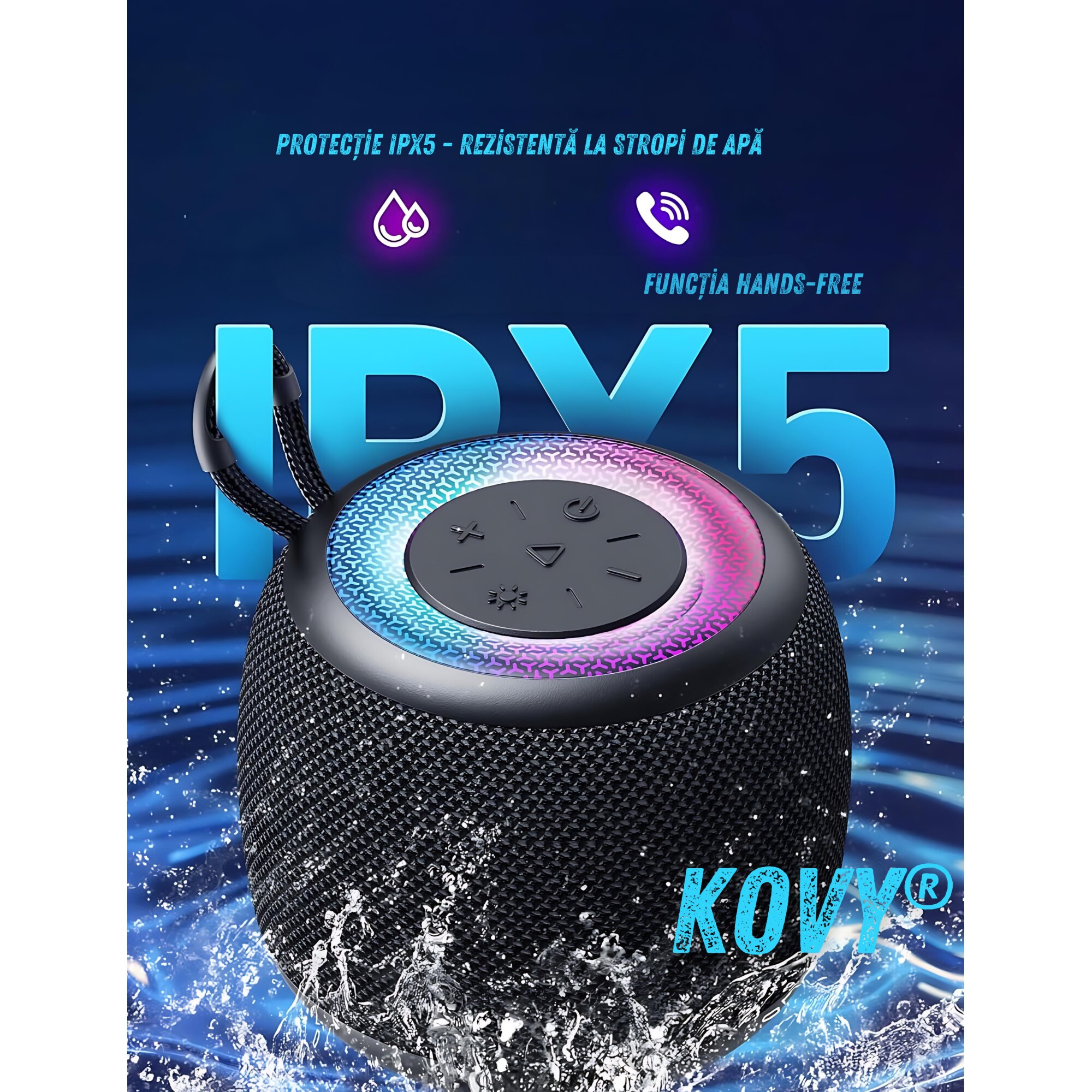 Boxa portabila Bluetooth KOVY® Boombox, Bluetooth 5.3, Lumini LED ...