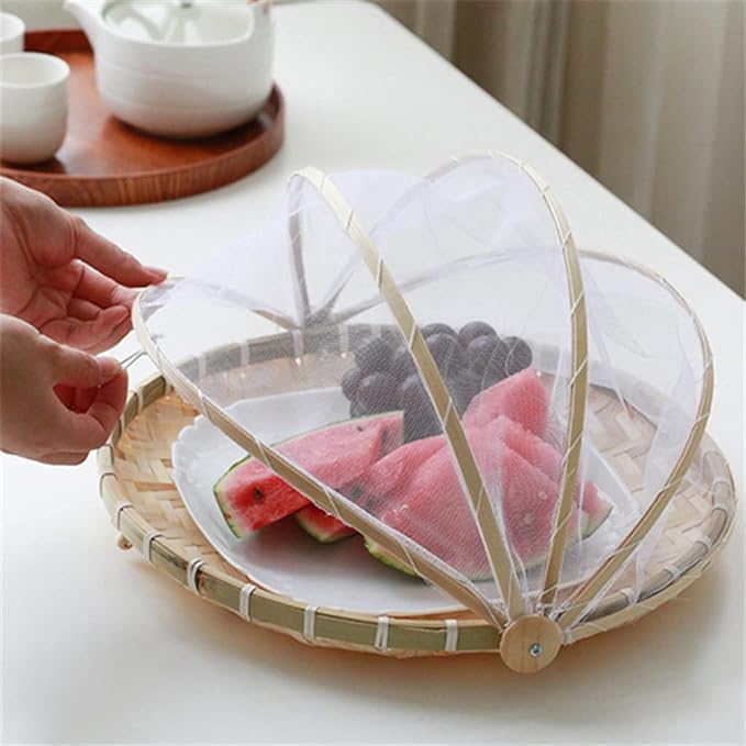 Cos de bambus pentru protectie alimente, cu capac pliabil, din plasa ...
