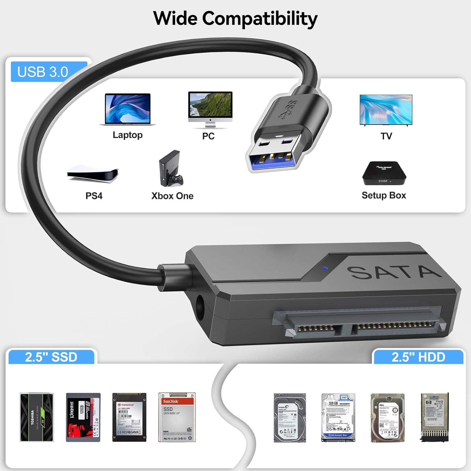 Adaptor USB 3.0 la SATA, NAXSIR, pentru HDD/SSD 2.5/3.5 inch, plug and ...