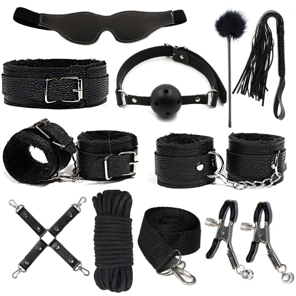 Set BDSM 10 Piese, Set Legaturi Pat, Catuse, Cleme Sfarcuri, Bici, Gag ...