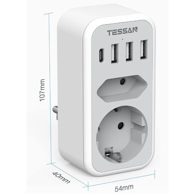 Priza Multipla Tessan TS-328, 2 Prize, 1xUSB-C, 3xUSB-A, 240V, 3600W ...
