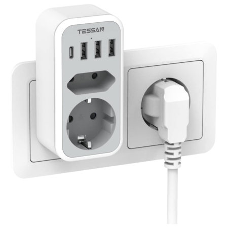 Priza Multipla Tessan TS-328, 2 Prize, 1xUSB-C, 3xUSB-A, 240V, 3600W ...