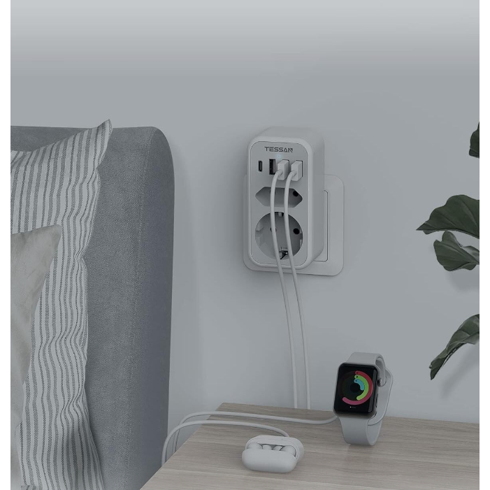 Priza Multipla Tessan TS-328, 2 Prize, 1xUSB-C, 3xUSB-A, 240V, 3600W ...