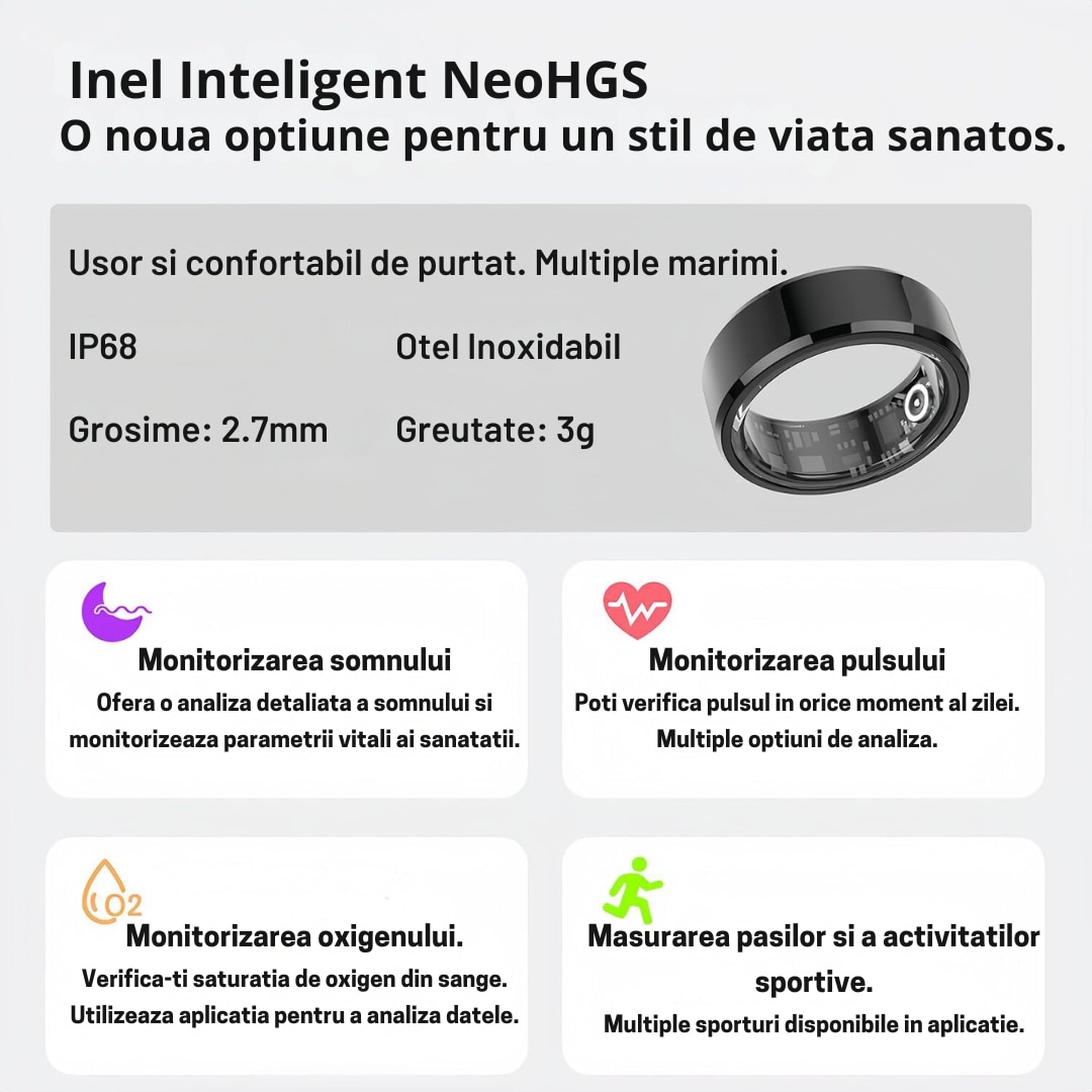 Inel inteligent NeoHGS®, SmartRing, Fitness, Sport, Rezistent Apa ...