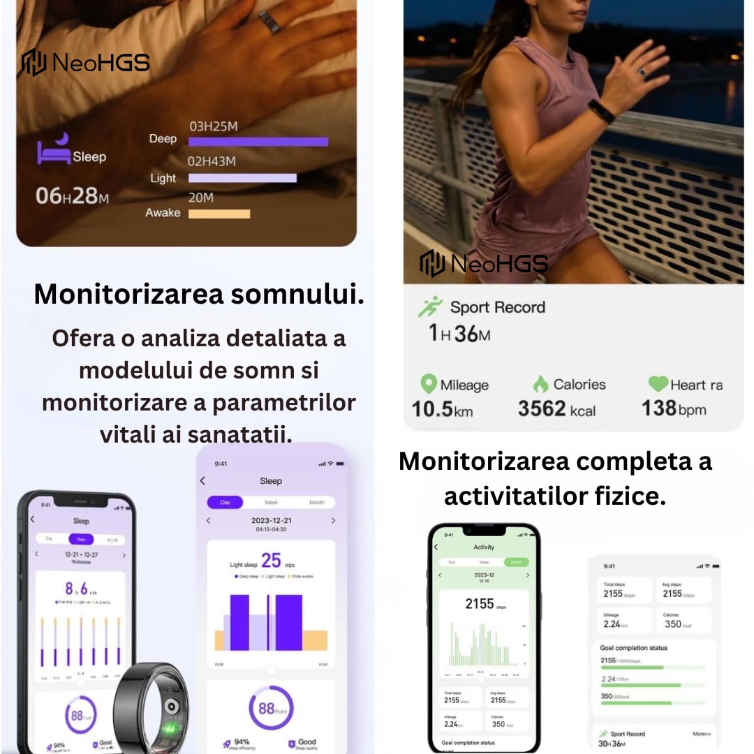 Inel inteligent NeoHGS®, SmartRing, Fitness, Sport, Rezistent Apa ...