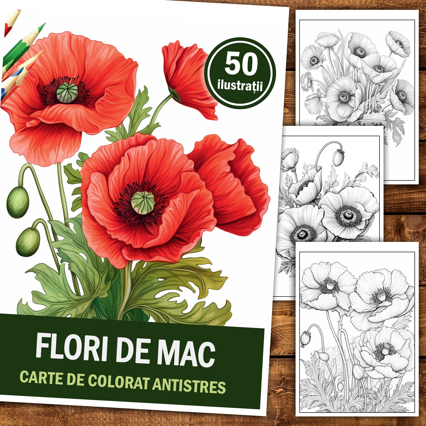 Carte de colorat pentru relaxare si antistres, 50 de ilustratii, Flori ...