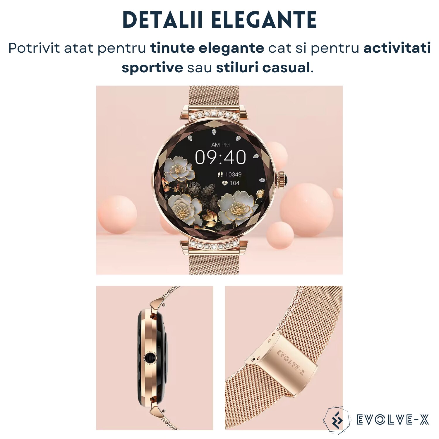 Ceas smartwatch dama Evolve-x® EvoFitt7, Apeluri si mesaje bluetooth ...