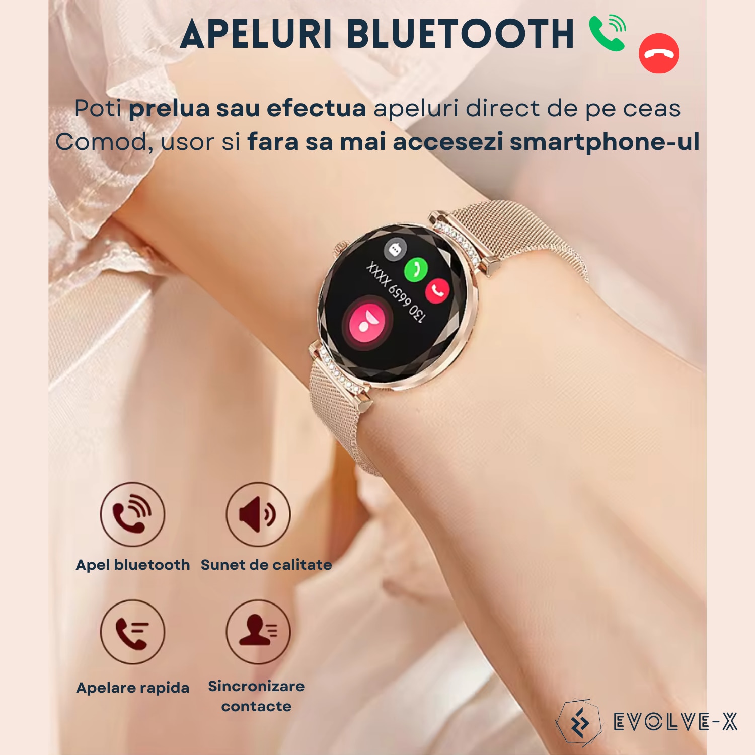 Ceas smartwatch dama Evolve-x® EvoFitt7, Apeluri si mesaje bluetooth ...