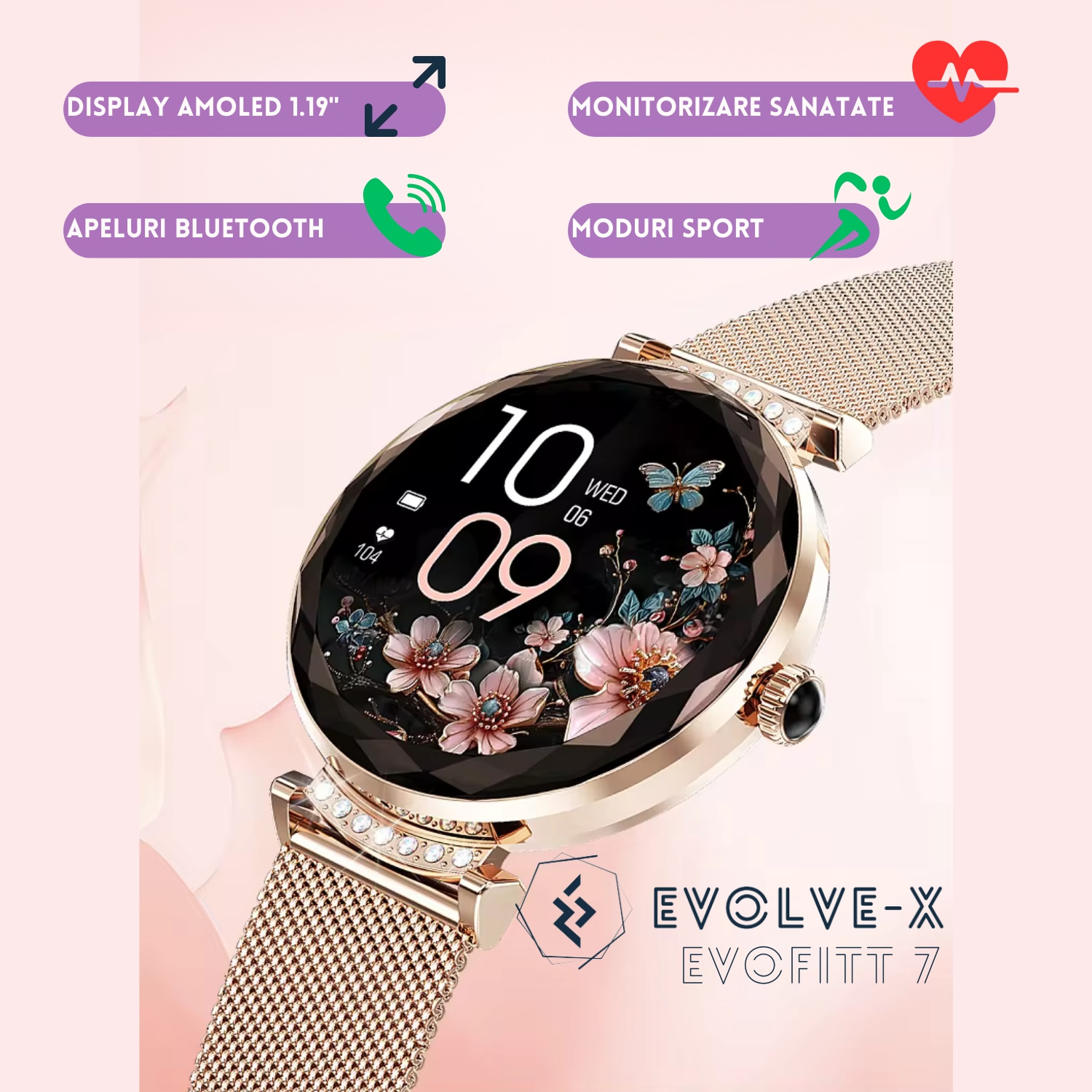 Ceas smartwatch dama Evolve-x® EvoFitt7, Apeluri si mesaje bluetooth, Functii monitorizare Ritm ...