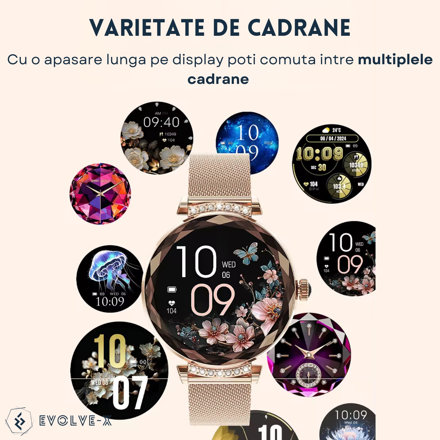 Ceas smartwatch dama Evolve-x® EvoFitt7, Apeluri si mesaje bluetooth ...