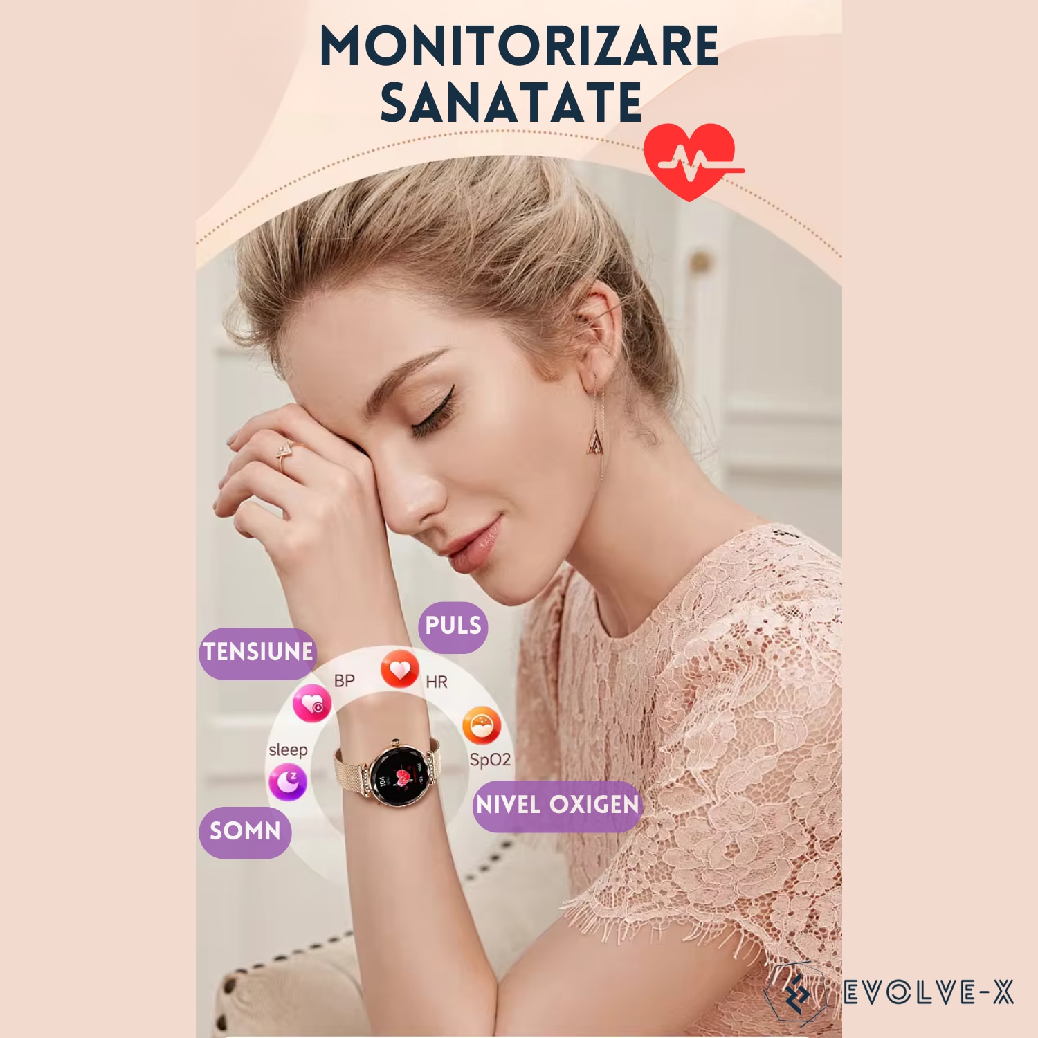 Ceas smartwatch dama Evolve-x® EvoFitt7, Apeluri si mesaje bluetooth ...
