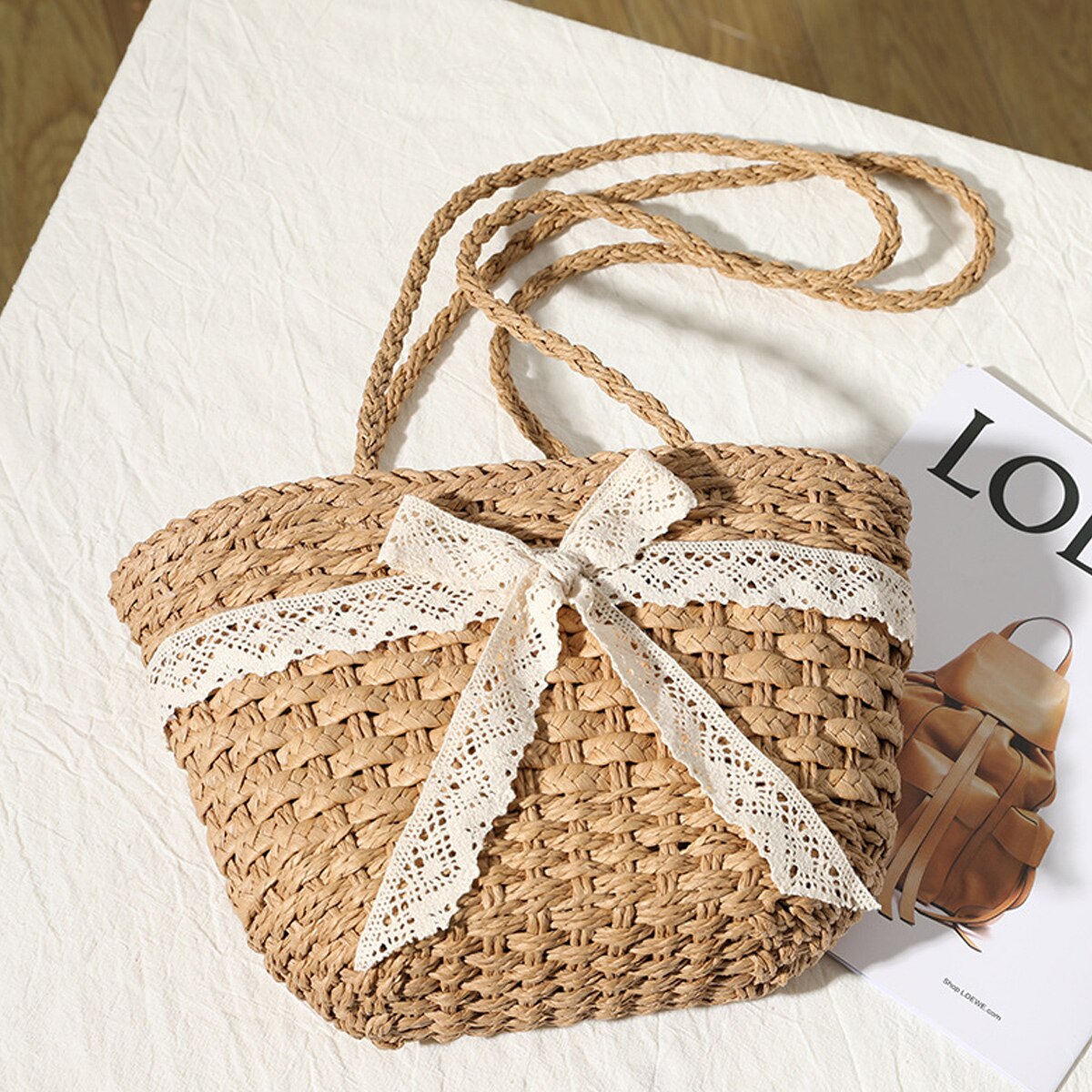 Geanta de plaja din paie cu dantela, stil boho, 31x9x18cm, culoare ...