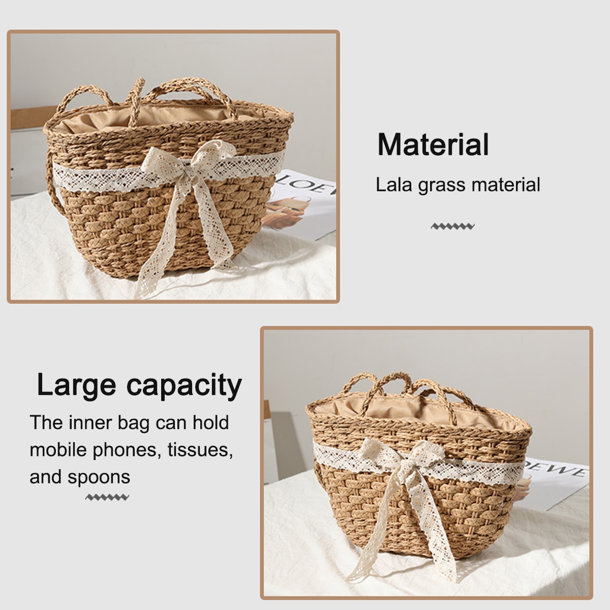 Geanta de plaja din paie cu dantela, stil boho, 31x9x18cm, culoare ...