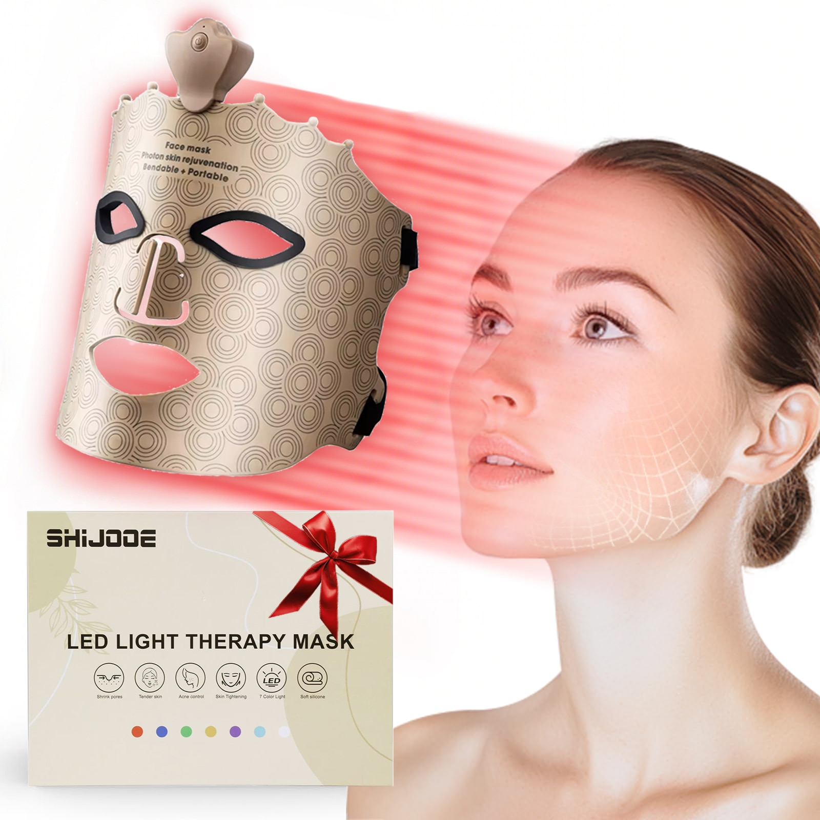 Masca faciala fototerapie，SHIJOOE®，sursa de lumina 7 culori, 80 LED-uri ...