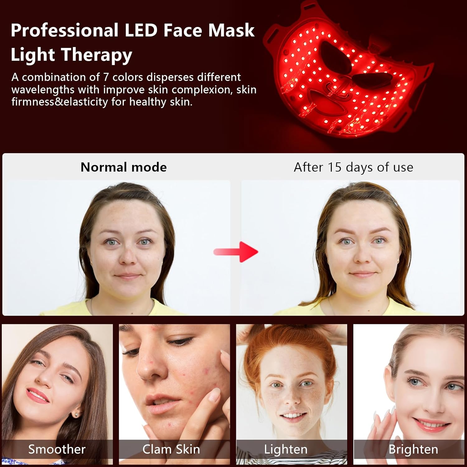 Masca faciala fototerapie，SHIJOOE®，sursa de lumina 7 culori, 80 LED-uri ...