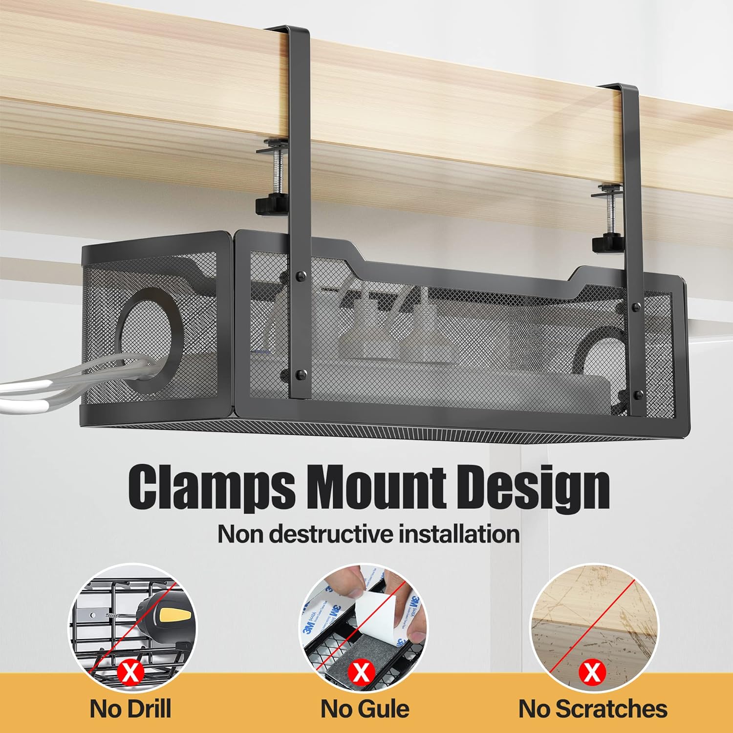 Organizator cabluri sub masa, Excitat®, fara gaurit, 35 cm, Rezistent ...