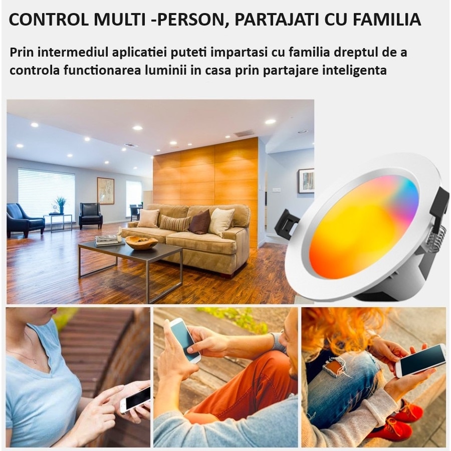 Set 5 spoturi LED RGB 72DESI, 5x9W, 5x700lm, control prin telecomanda si aplicatie mobila, WIFI ...