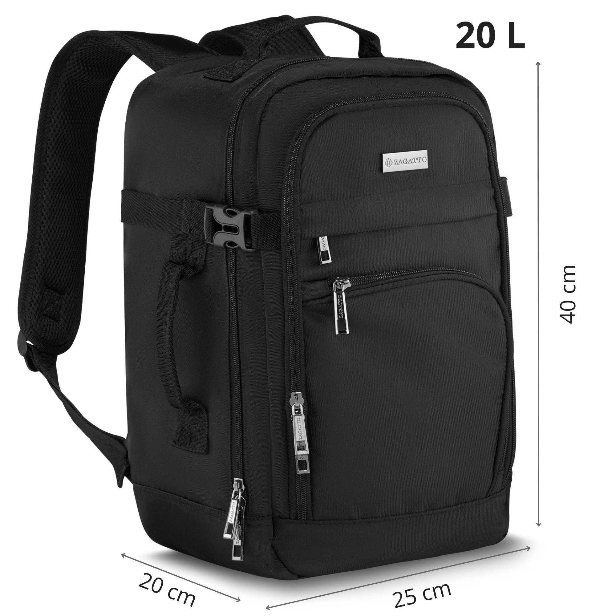 Rucsac de voiaj, Negru, Zagatto,40x20x25 cm, 20L, Compatibil Ryanair ...