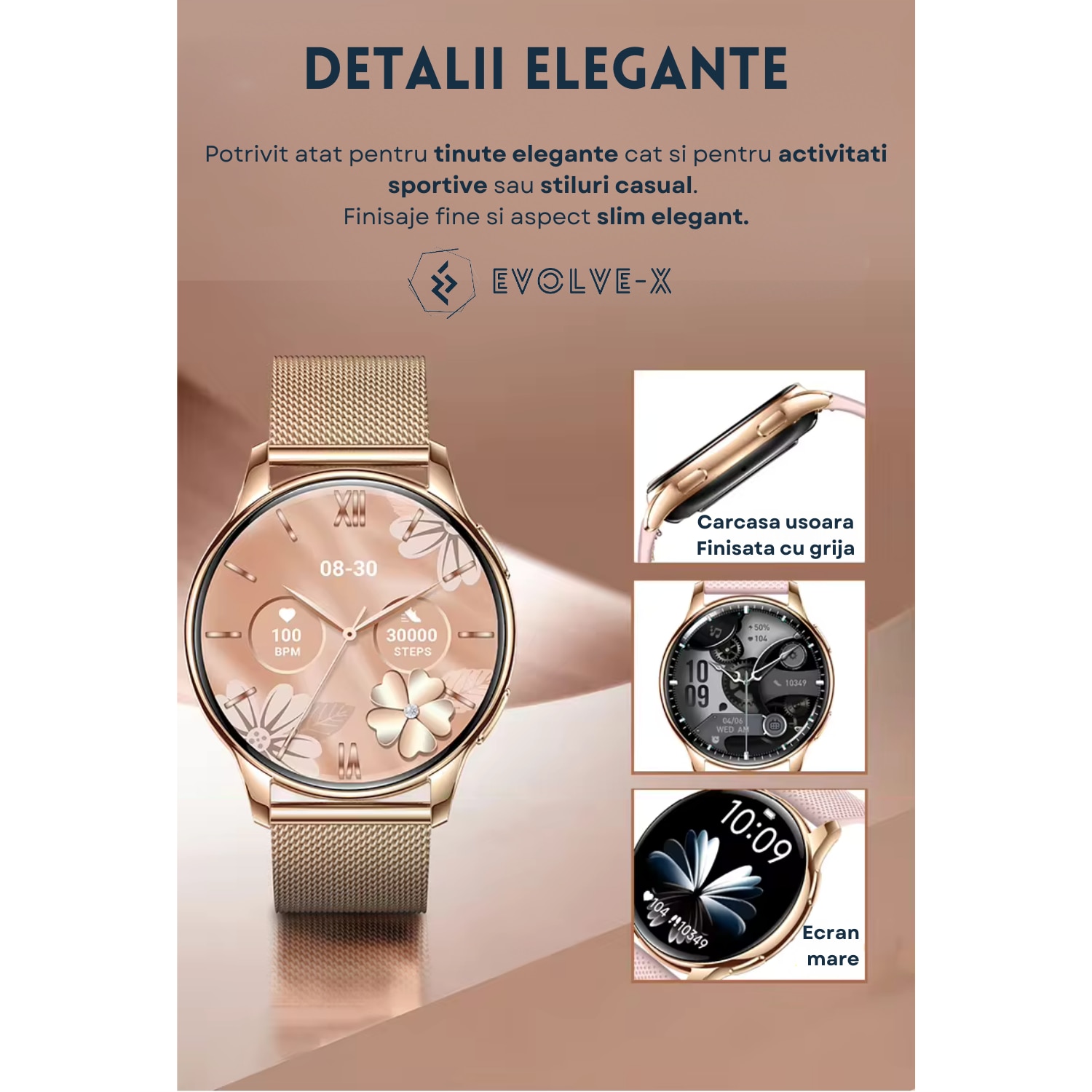 Ceas smartwatch dama Evolve-x® PRO 10, Display AMOLED, Apeluri si mesaje bluetooth, Functii ...