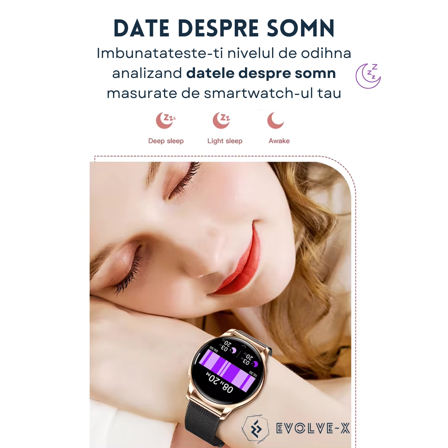 Ceas smartwatch dama Evolve-x® PRO 10, Display AMOLED, Apeluri si mesaje bluetooth, Functii ...