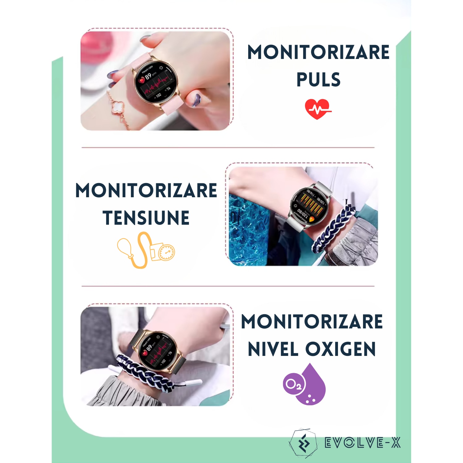 Ceas smartwatch dama Evolve-x® PRO 10, Display AMOLED, Apeluri si mesaje bluetooth, Functii ...