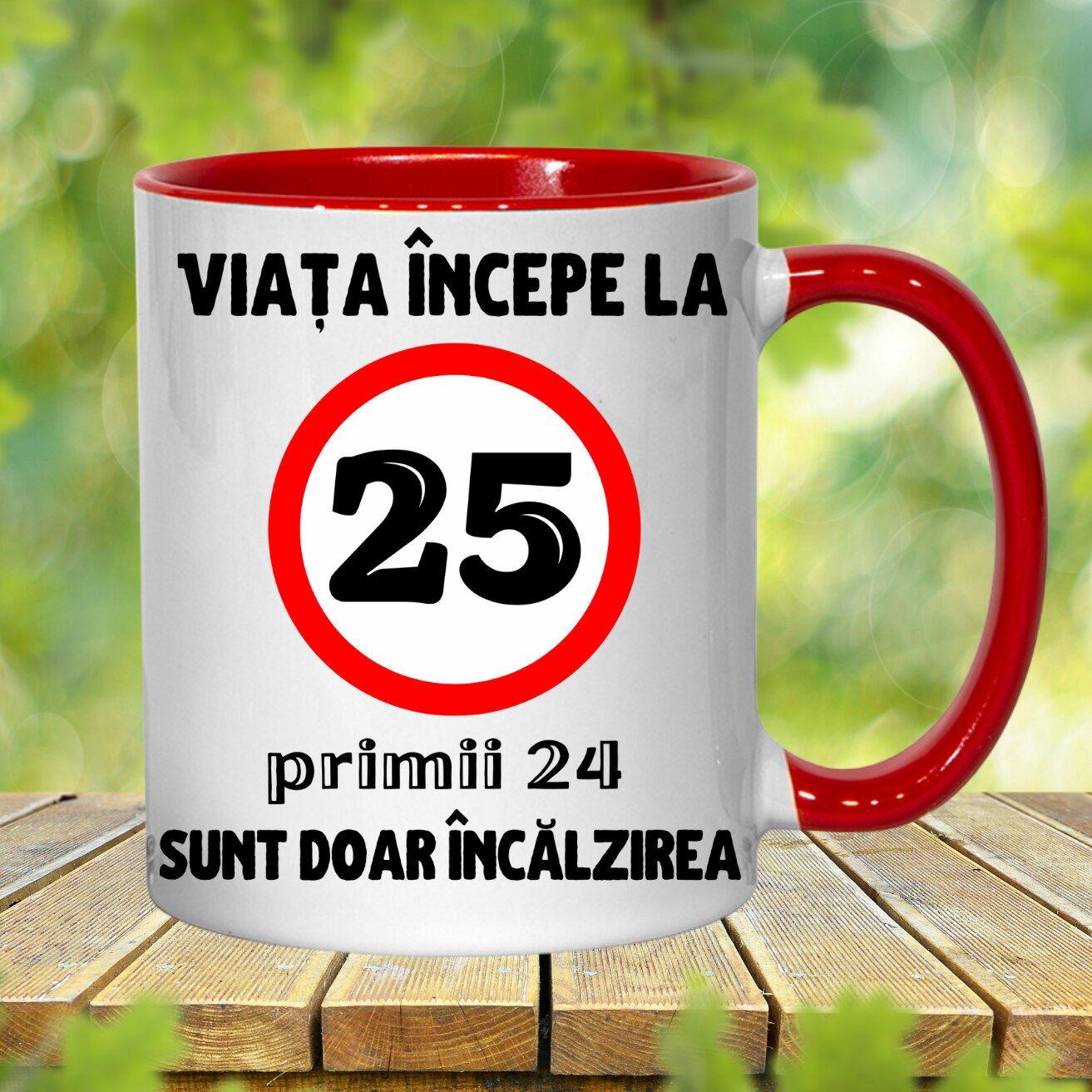 Cana personalizata - Viata incepe la 25 de ani, rosu, 330 ml - eMAG.ro