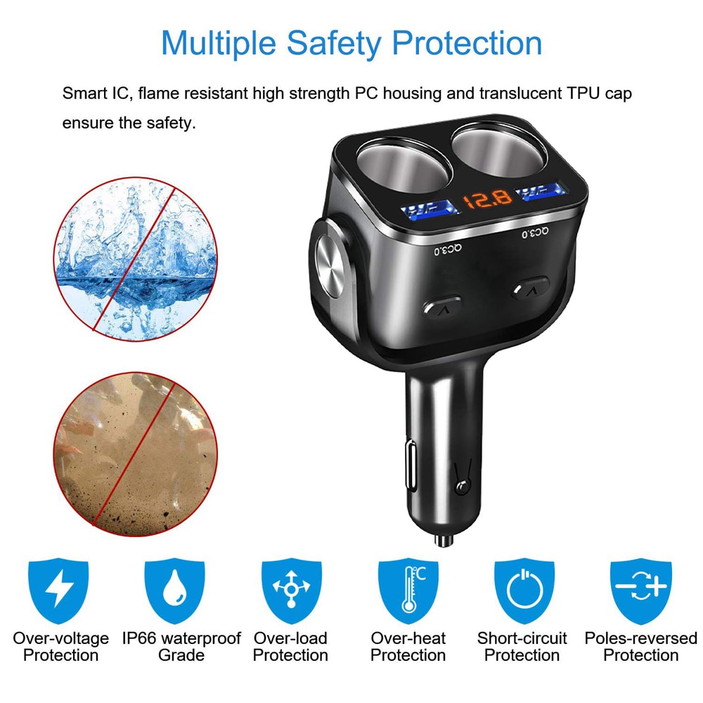 Adaptor auto 2 prize bricheta, afisaj voltaj, comutator, negru, compact ...