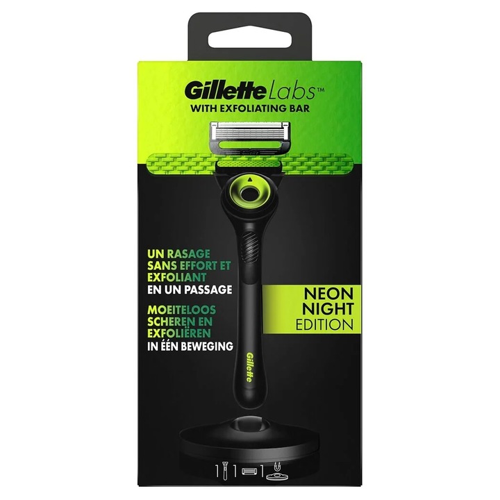 Aparat de ras Gillette Labs Neon Night Edition, 1 rezerva, suport ...